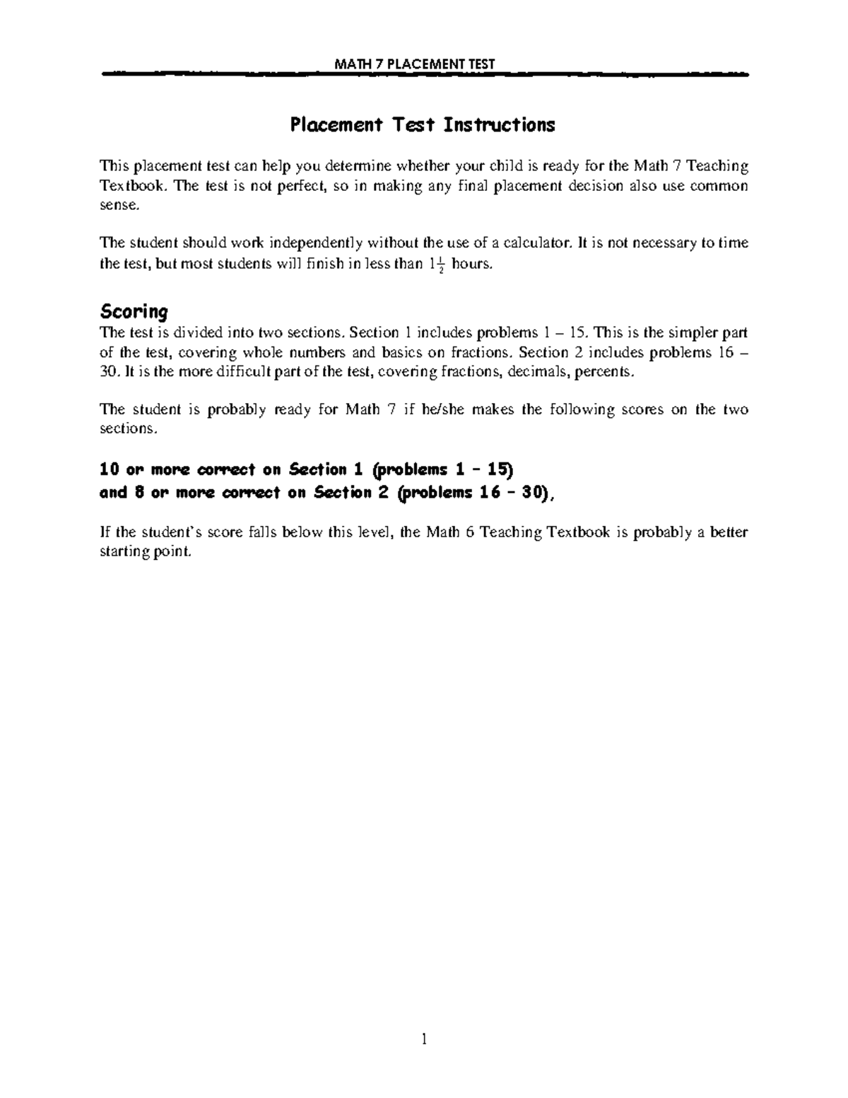 Math7 - maths test placement - MATH 7 PLACEMENT TEST Placement Test ...