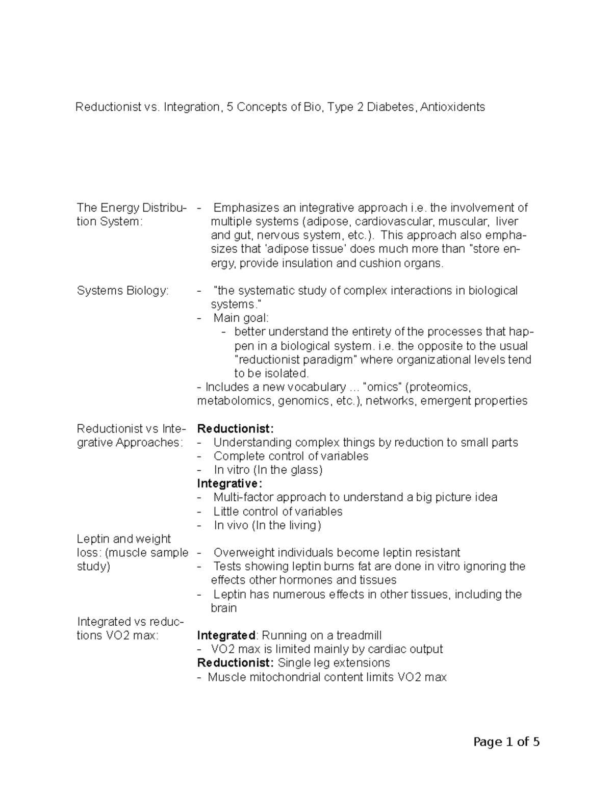 Biology - Lecture 1 - Reductionist vs. Integration, 5 Concepts of Bio ...