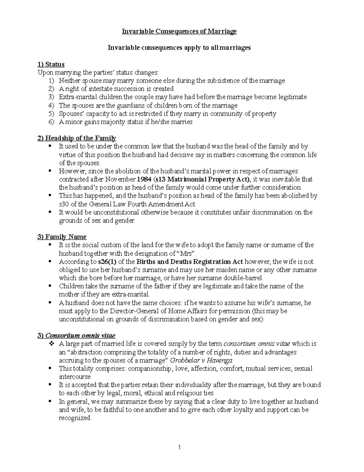 Lecture 7 Invariable Consequences of Marriage - Invariable Consequences ...
