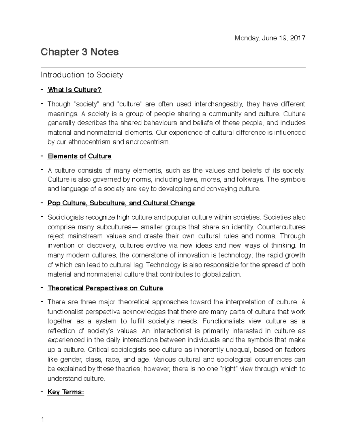 Chapter 3 Notes - Intro to Society - Monday, June 19, 2017 Chapter 3 ...