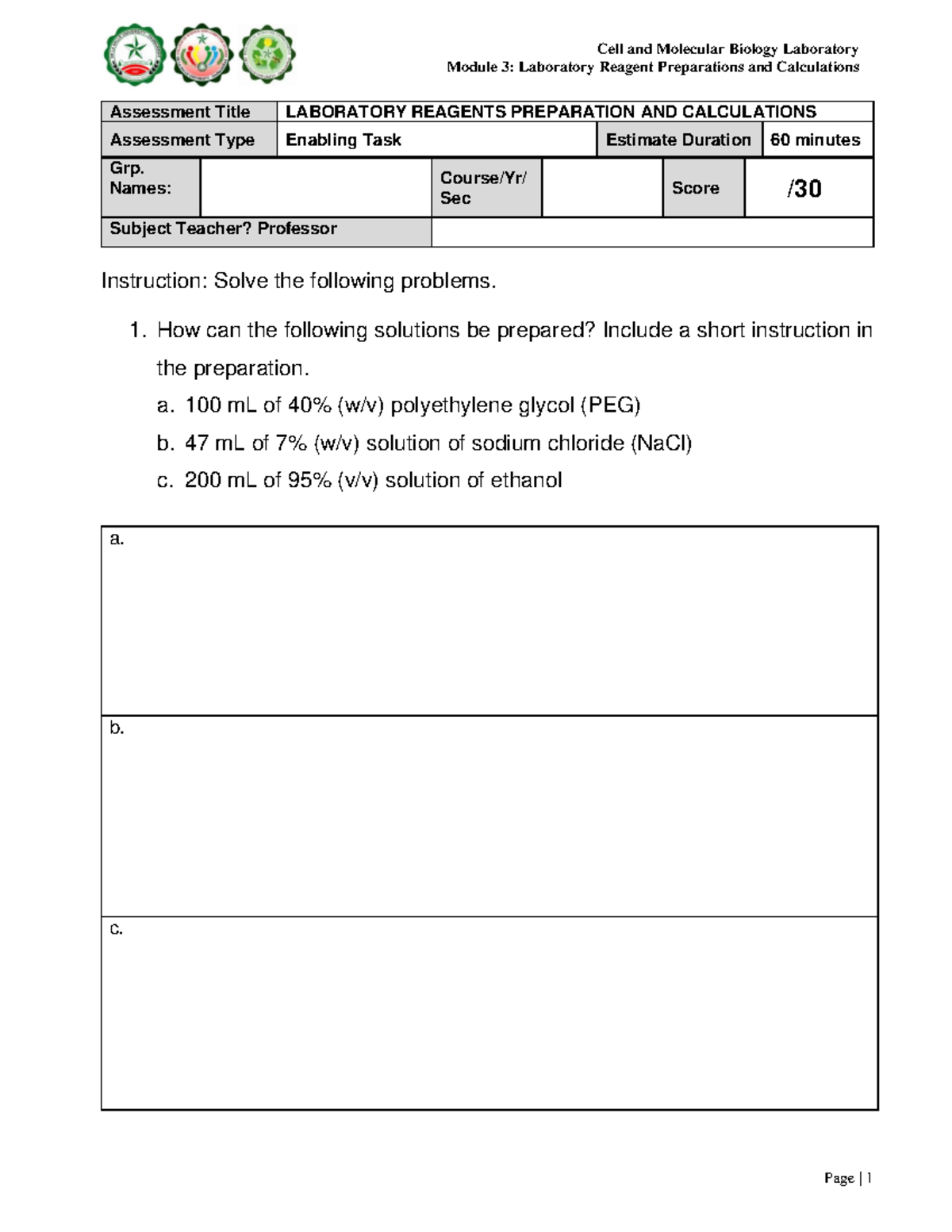 Worksheet 1 - Reagents-Preparation-and-Calculations - Page | 1 Cell and ...