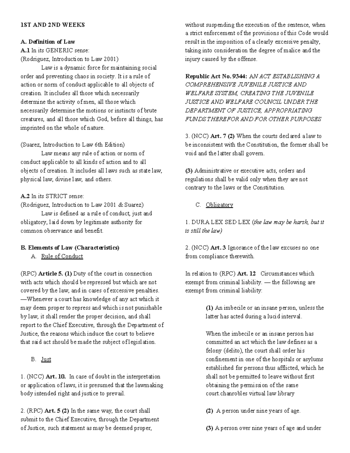 Introduction To Law 1ST AND 2ND WEEKS A Definition Of Law A In Its