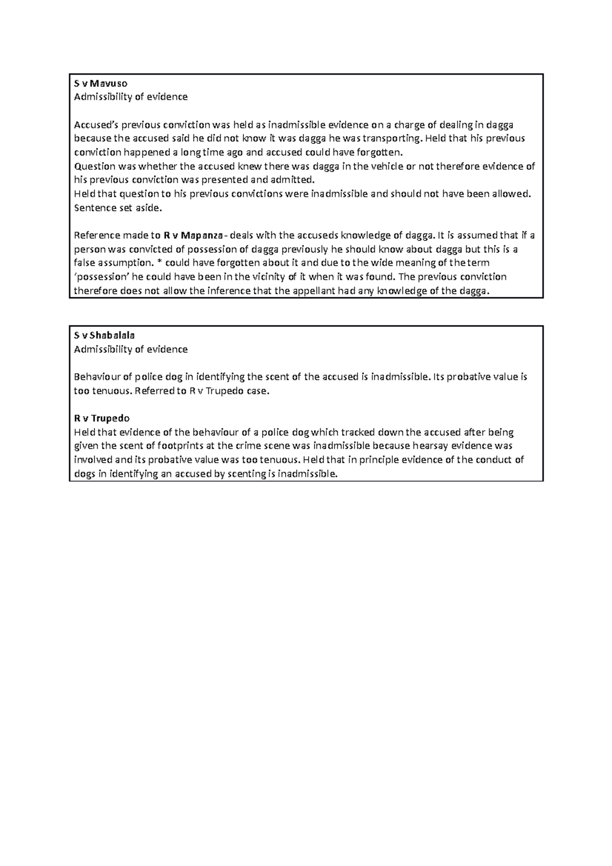 EVI3701-cases -unit 4 - inadmissible evidence - S v Mavuso ...