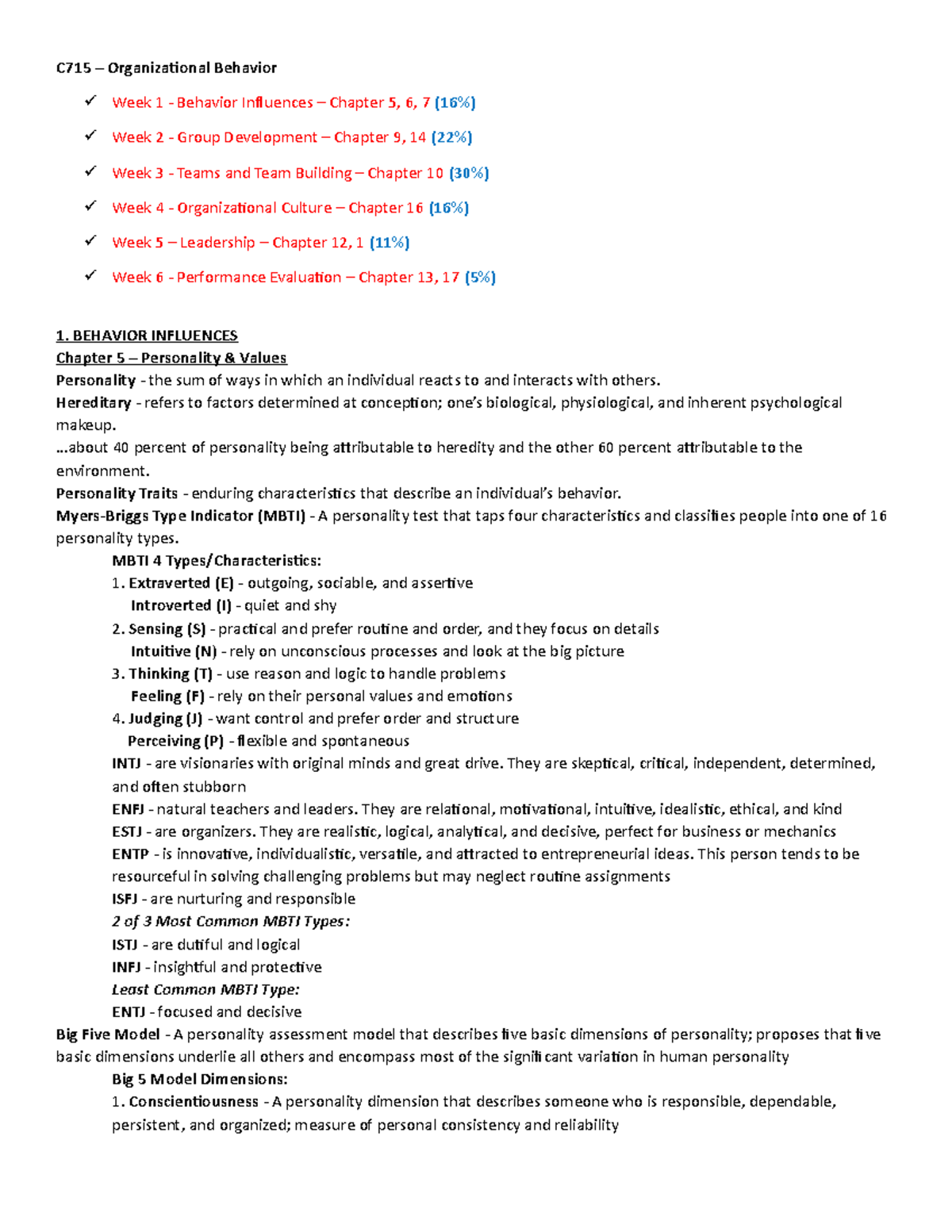 C715 - Org Behavior Notes - C715 – Organizational Behavior Week 1 ...