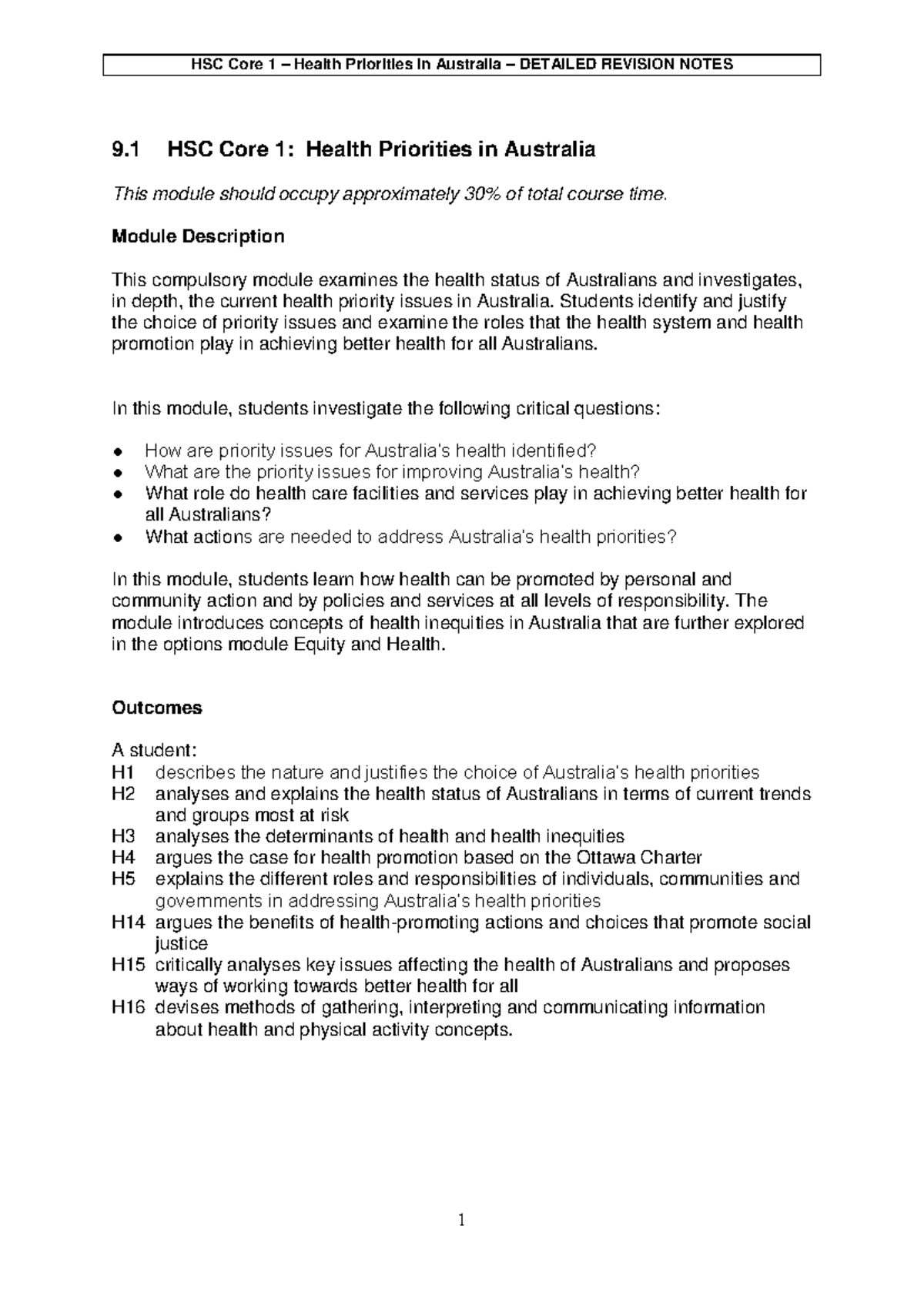 Revision notes - Health Priotities in Australia - 9 HSC Core 1: Health ...