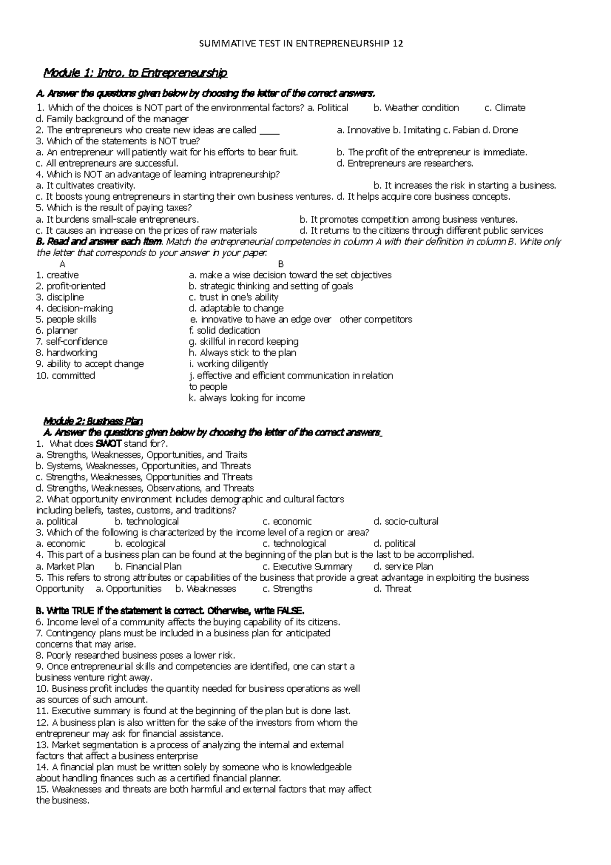 1st Summative TEST IN Entrepreneurship 12 - SUMMATIVE TEST IN ...