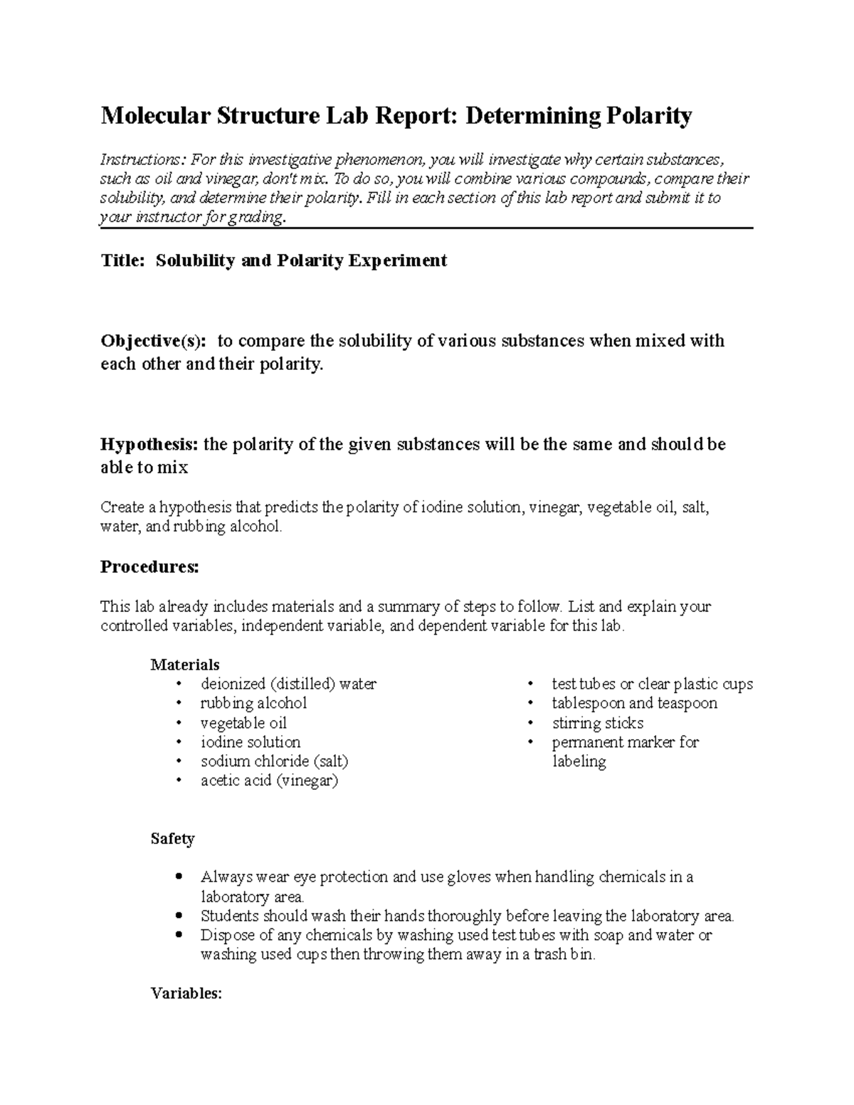 Molecular Lab Report - Molecular Structure Lab Report: Determining ...