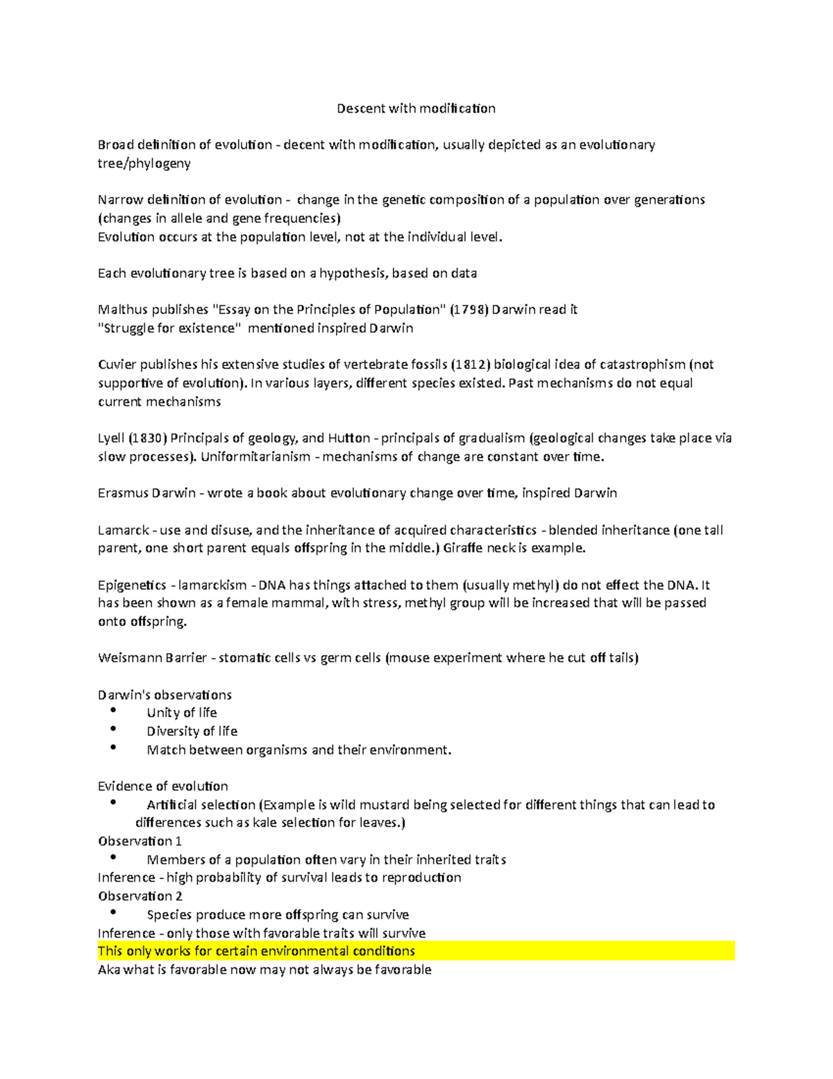 Bio lecture 3 - notes - Descent with modification Broad definition of ...