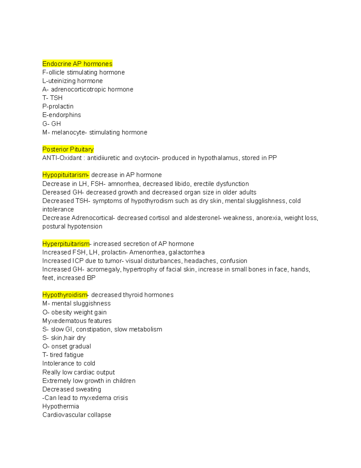 Endocrine study guide- Acronyms - Endocrine AP hormones F-ollicle ...