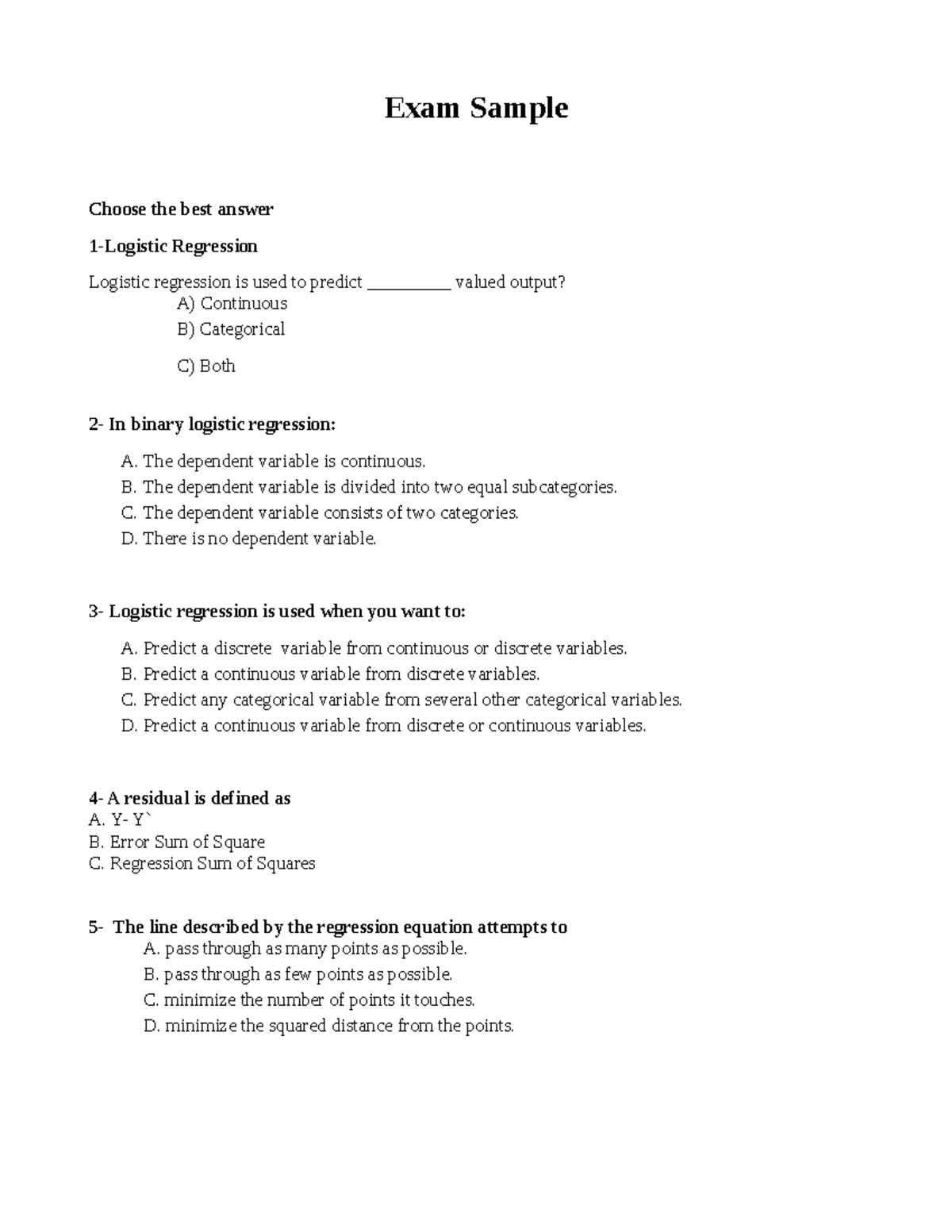 Data- Science Machine Learning Course - Exam Sample Choose the best ...