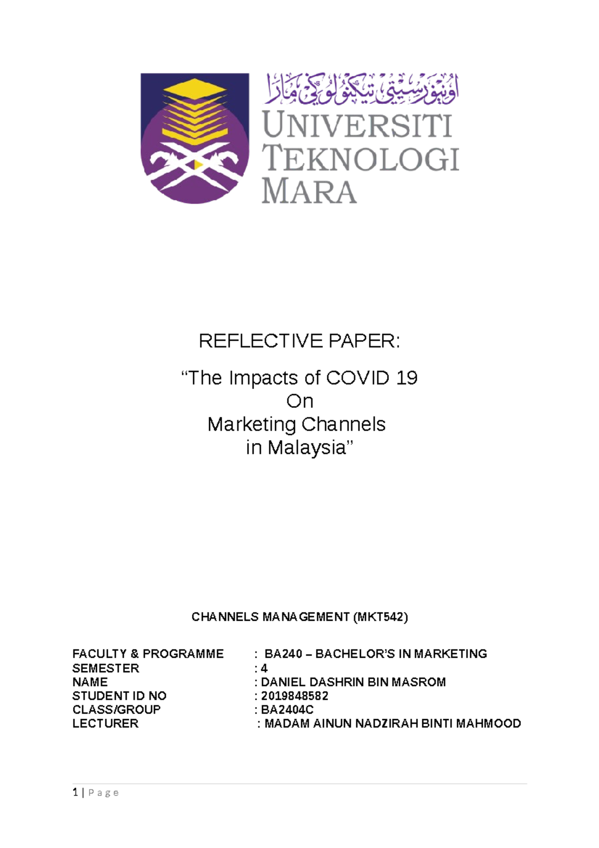 Reflective Paper Daniel Dashrin 2019 848582 - REFLECTIVE PAPER: “The ...
