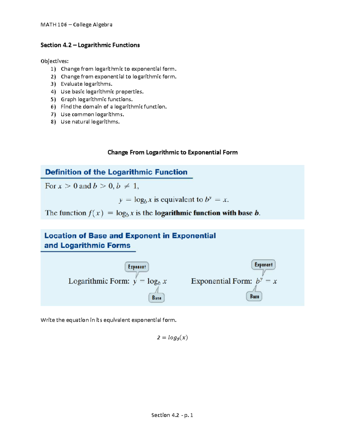 Section 4.2 Lecture Notes - Section 4 – Logarithmic Functions ...