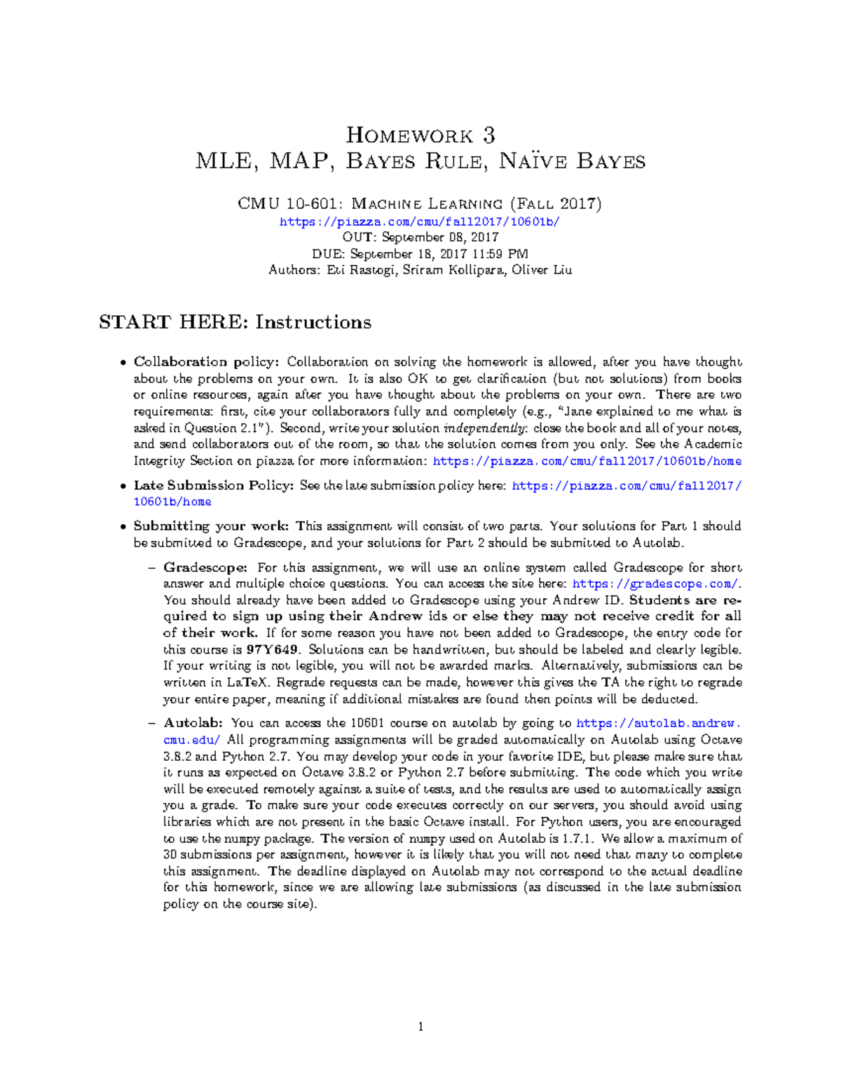 F17 10601 HW3 writeup - Homework 3 MLE, MAP, Bayes Rule, Na ̈ıve Bayes ...