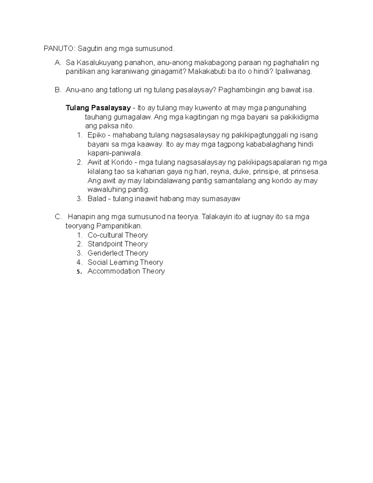 Week 1 - Filipino - PANUTO: Sagutin ang mga sumusunod. A. Sa ...