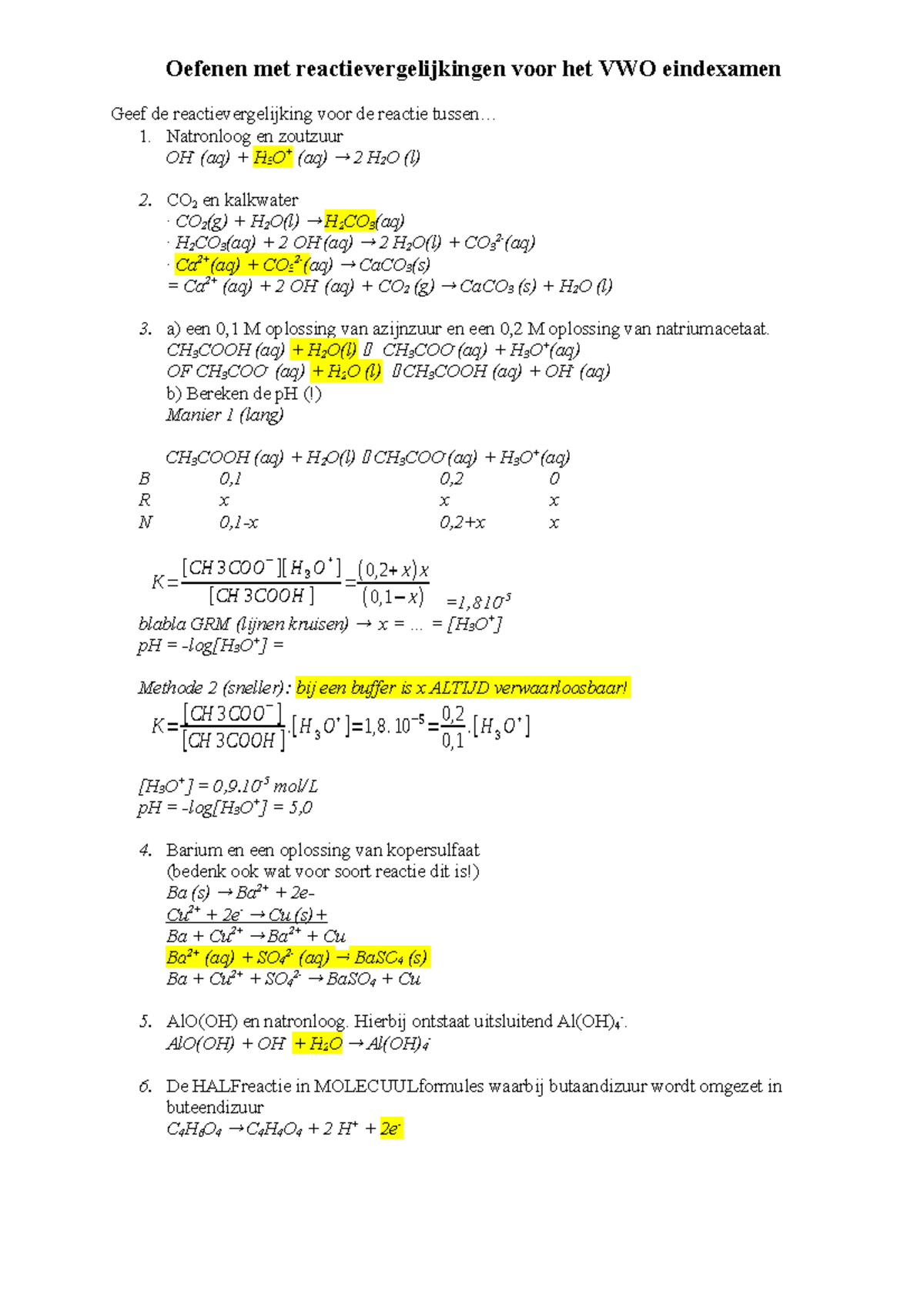 Scheikunde 6V oefensommen reactievergelijkingen - Oefenen met ...