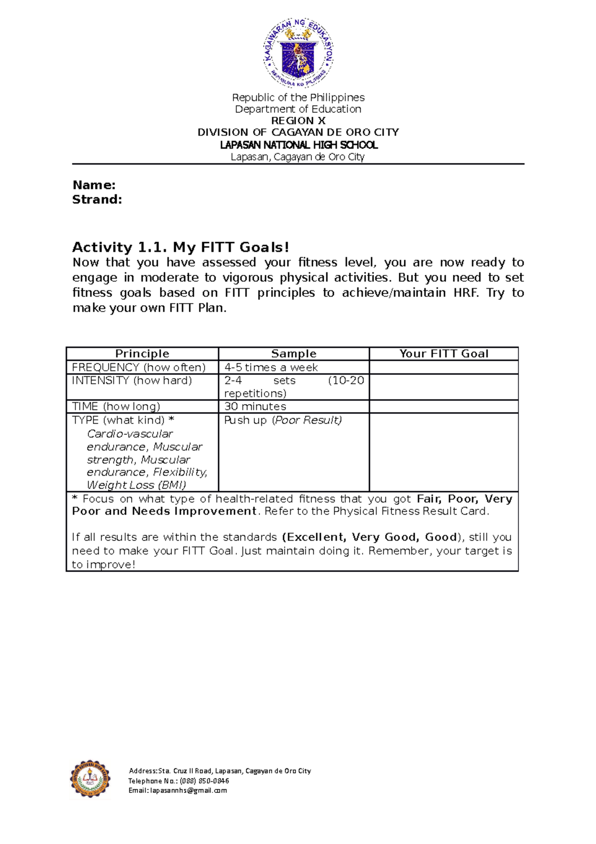 PE 3 Activity 1.1 My FITT Goals - Republic of the Philippines ...