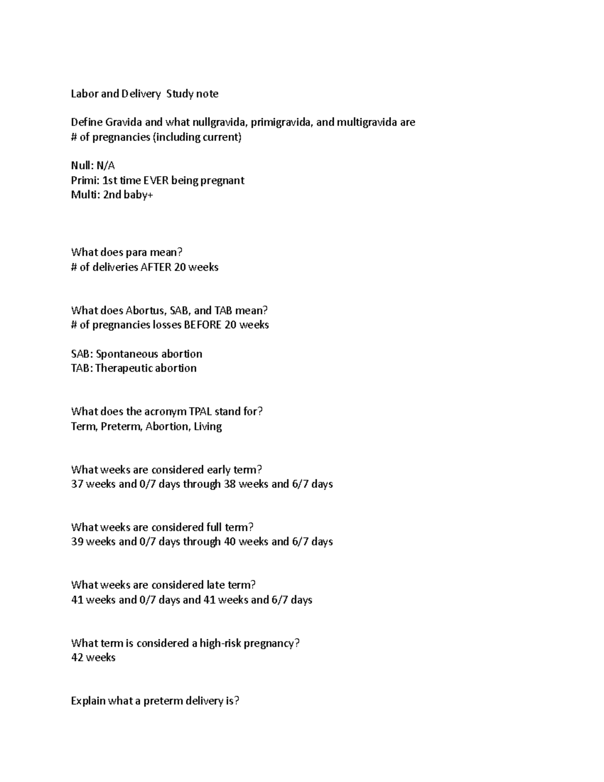 Labor and Delivery Exam 1 Study note - Labor and Delivery Study note ...