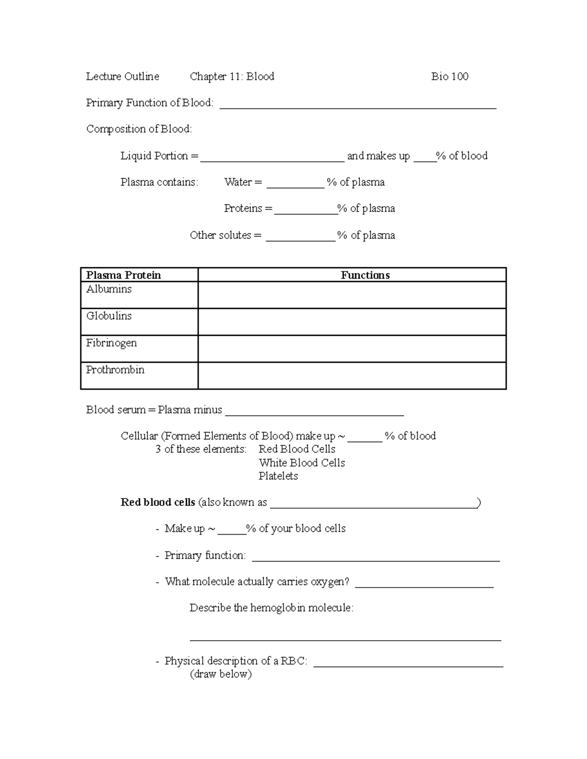 Lecture Outline Ch12blood - Lecture Outline Chapter 11: Blood Bio 100 ...