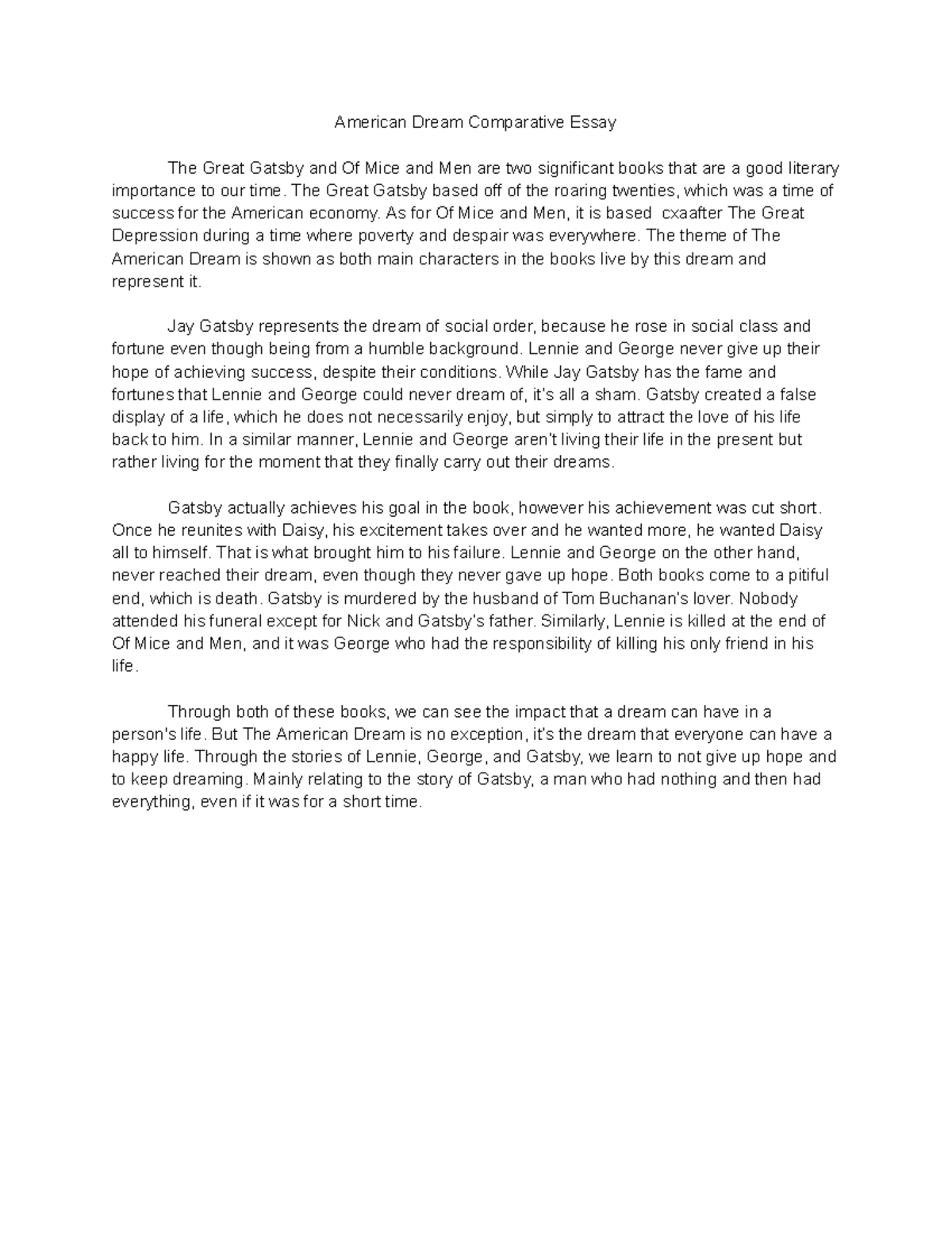 Brendan Wallace - The American Dream Comparative Essay - American Dream ...