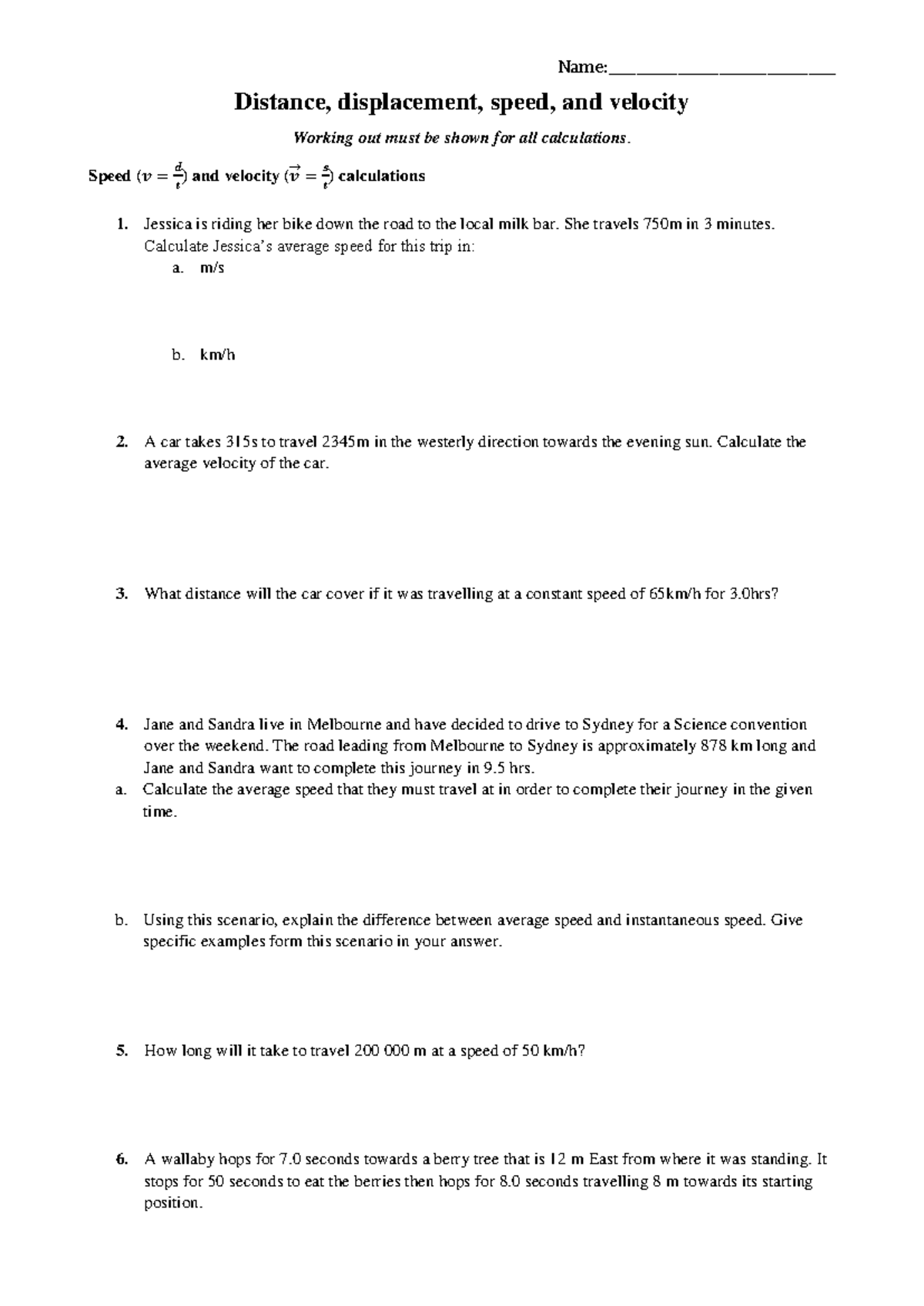 02 Speed and Velocity WS - Name ...