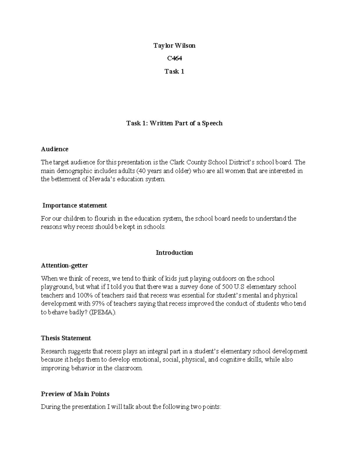 C464 Task 1 - passed - Taylor Wilson C Task 1 Task 1: Written Part of a ...