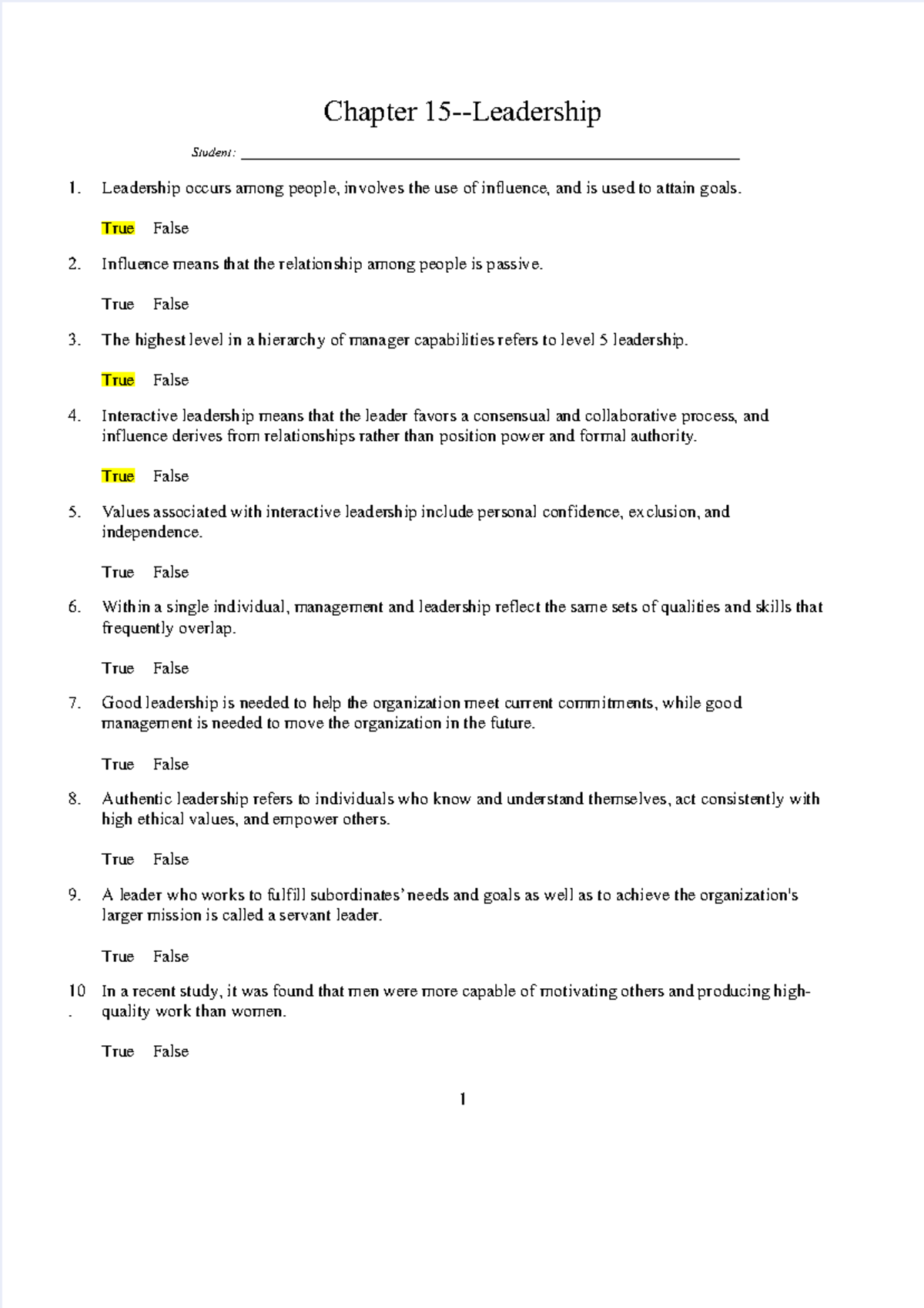 Leadership - Chapter 15-Leadership Student: - Studocu