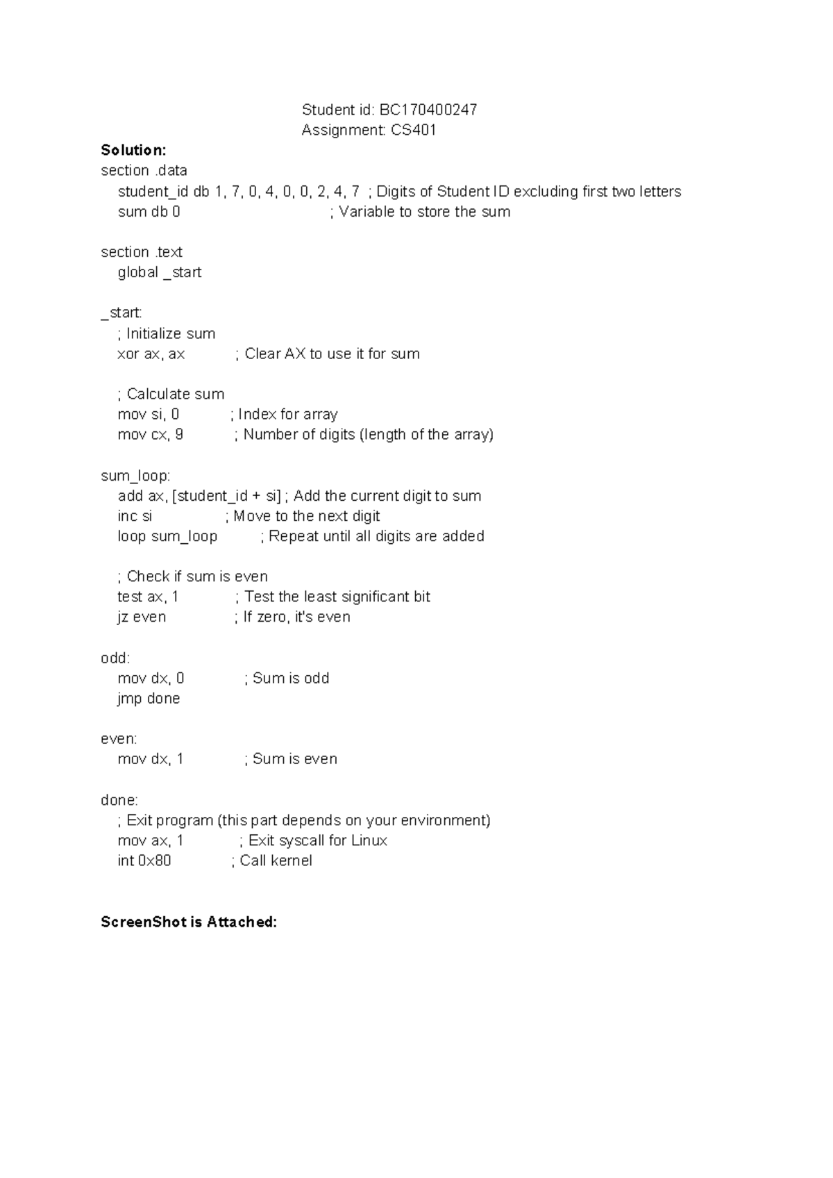 BC170400247 - cs401 assignment Fall 2014 - Student id: BC Assignment: CS Solution: section .data ...