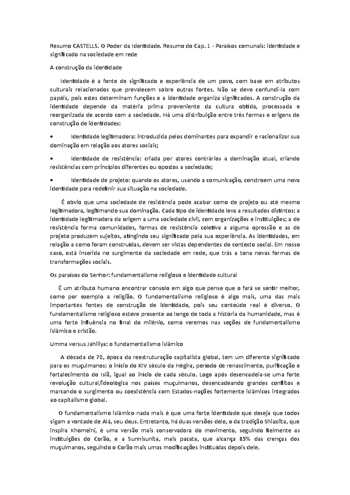 Resumo Castells. O Poder da Identidade. Capítulo 1 - Resumo CASTELLS. O Poder da Identidade ...