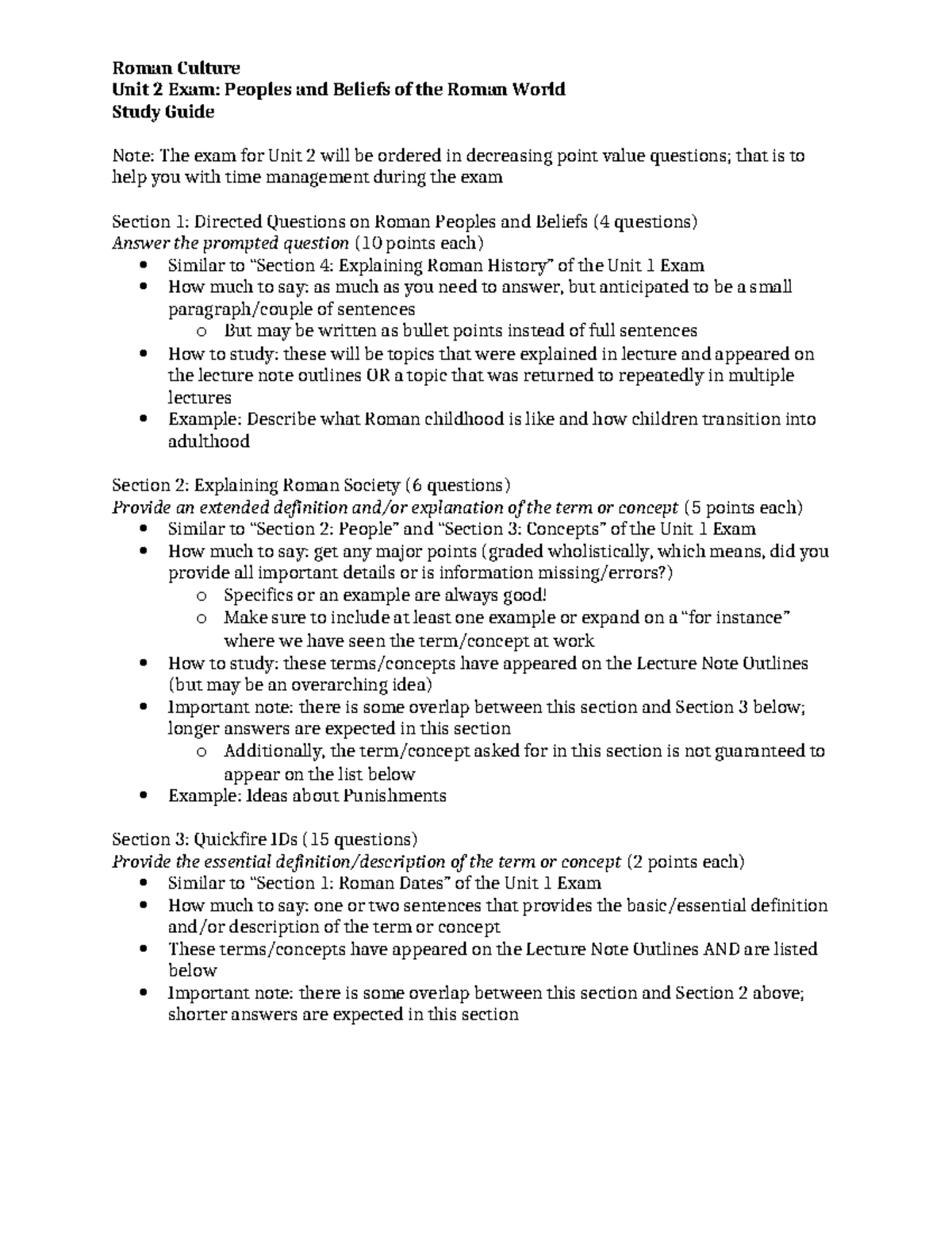 Study Guide for Unit 2 Exam - Roman Culture Unit 2 Exam: Peoples and ...