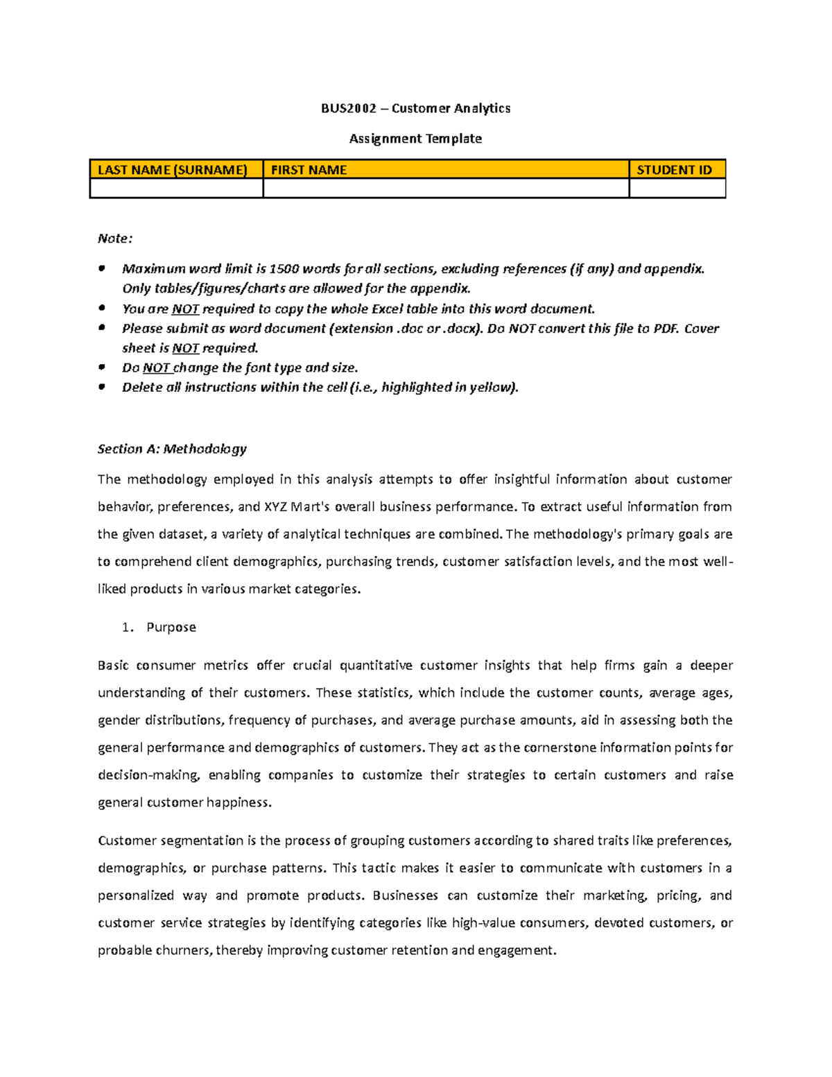 Project case study - BUS2002 – Customer Analytics Assignment Template ...