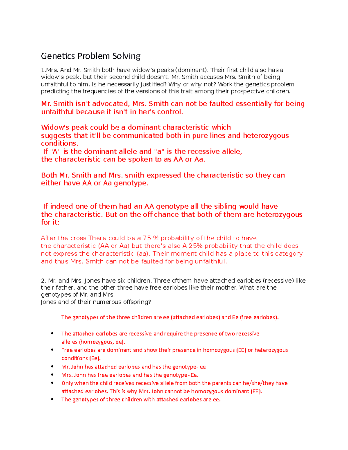 Genetics Problem Solving - Smith both have widow’s peaks (dominant ...