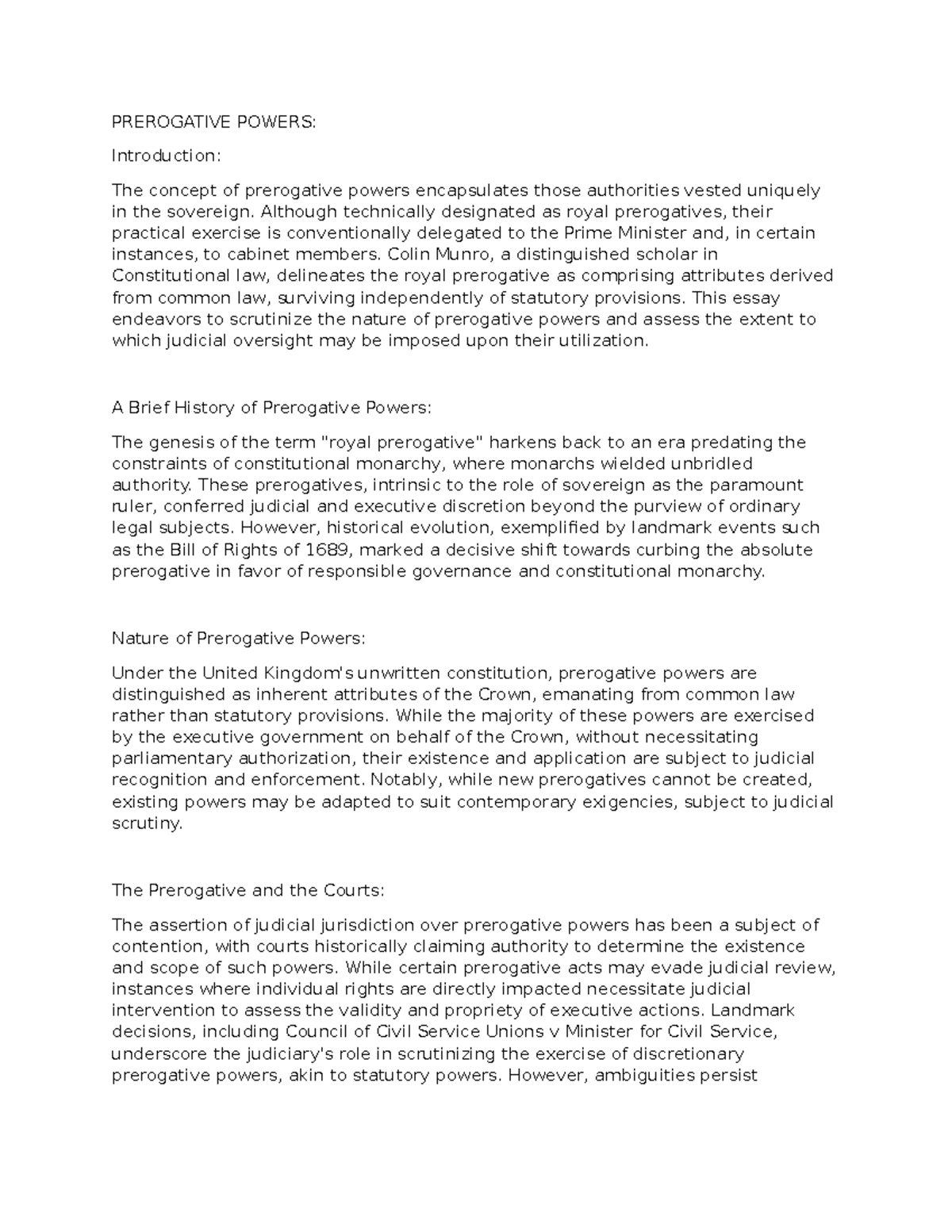 Prerogative Powers - Summary Constitutional Law II - PREROGATIVE POWERS ...