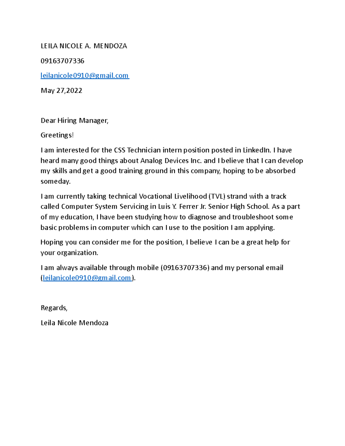 Application Letter (CSS)- Leila Nicole A. Mendoza - LEILA NICOLE A ...