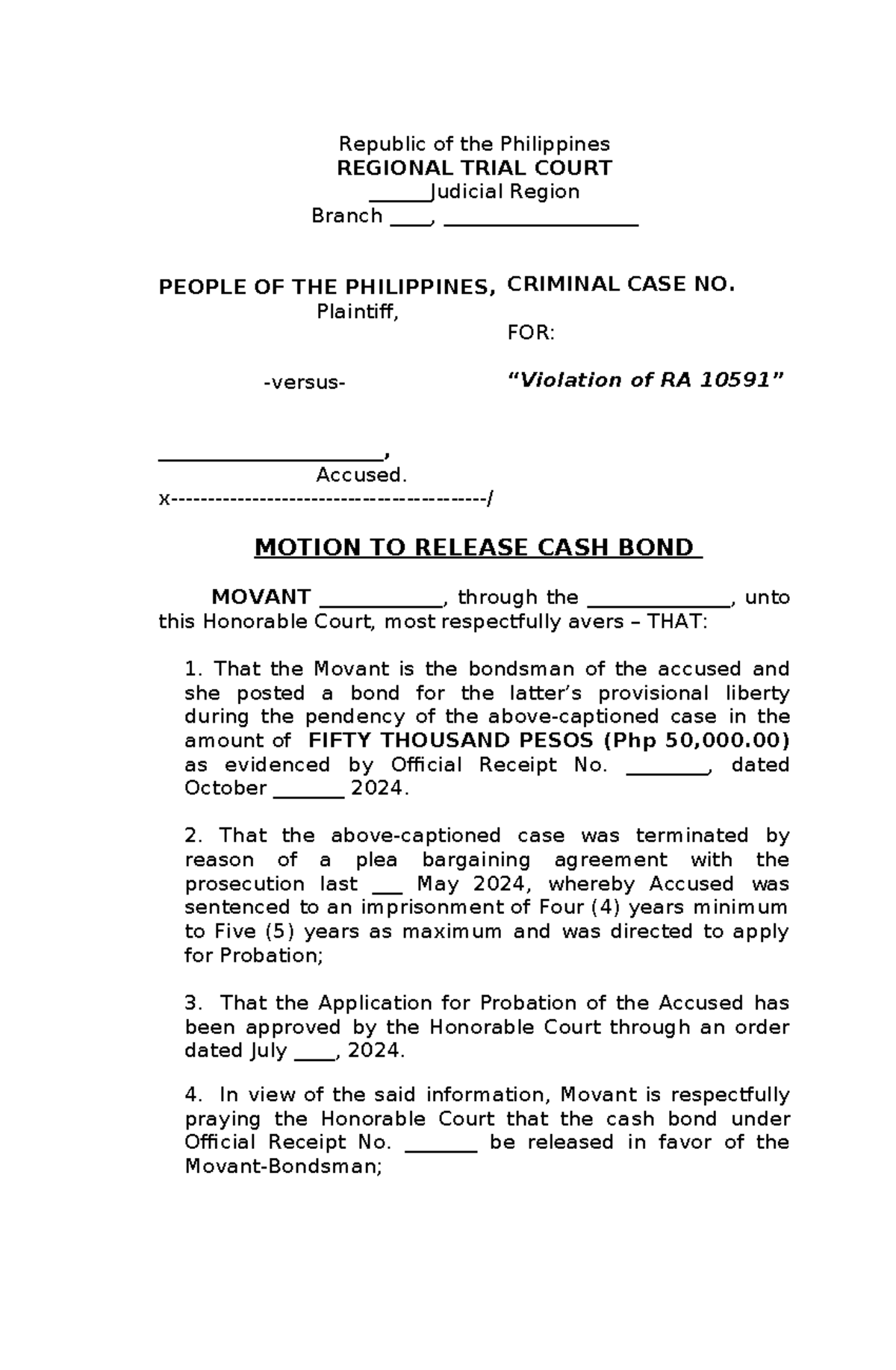 Motion to Release Bail Bond - Republic of the Philippines REGIONAL ...
