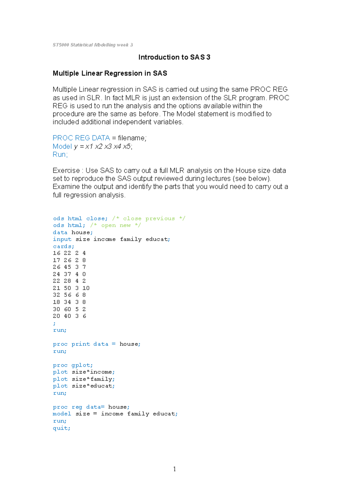 Stat Mod Intro to SAS3 - Lecture notes 3 - ST5000 Statistical Modelling ...