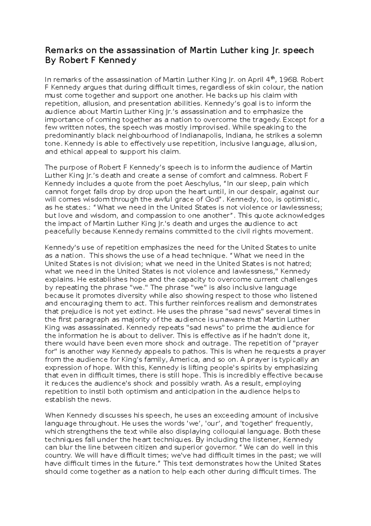 analysis of Robert f kennedy's speech - Remarks on the assassination of ...
