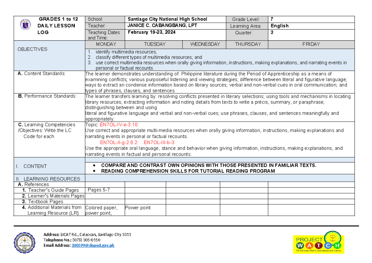 DLL Multimedia Resources - GRADES 1 to 12 DAILY LESSON LOG School ...