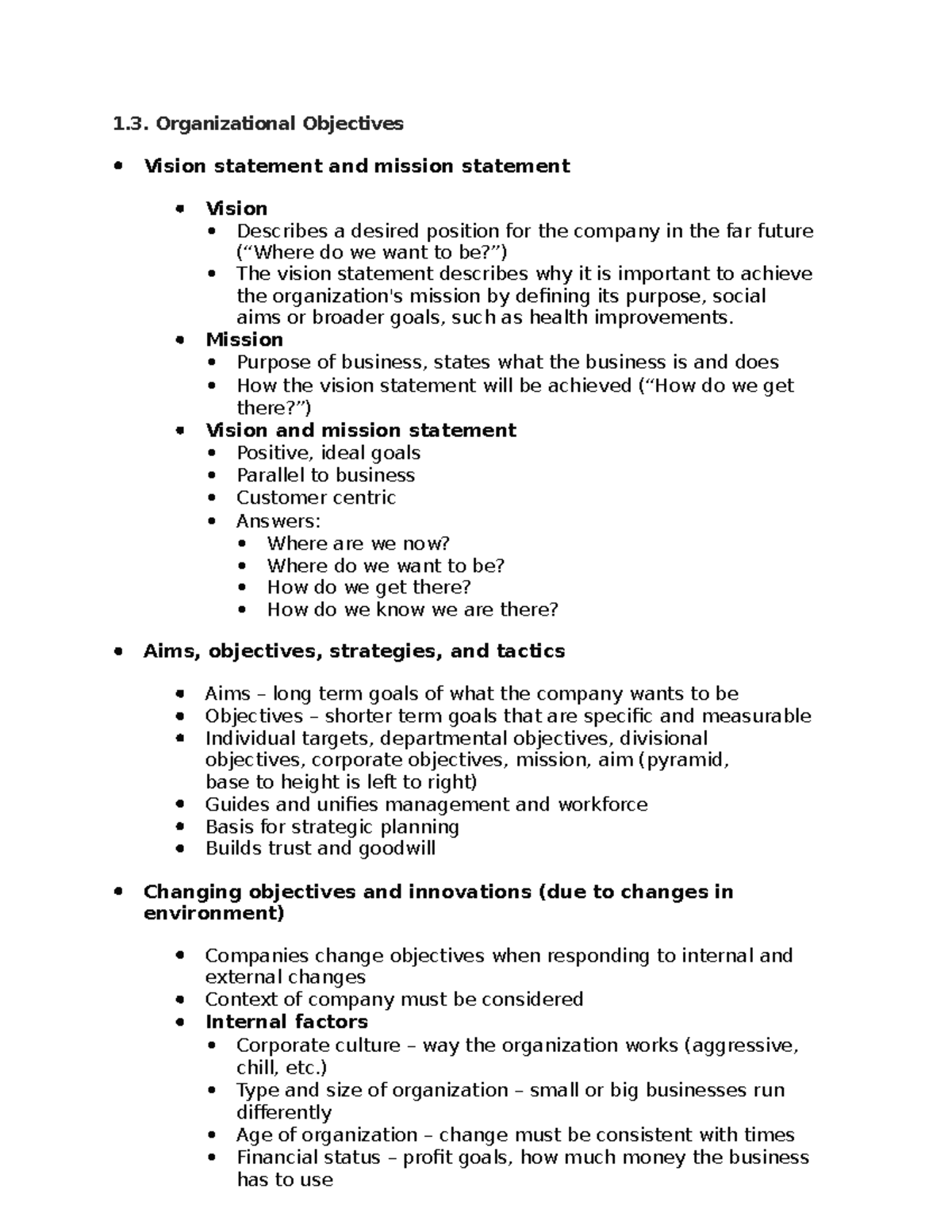 1 3 Organizational Objectives - Organizational Objectives Vision ...