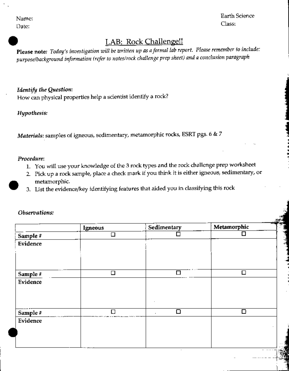 Rock lab - lab - LAB: Rock Challenge!! Earth Science Class: Please note ...