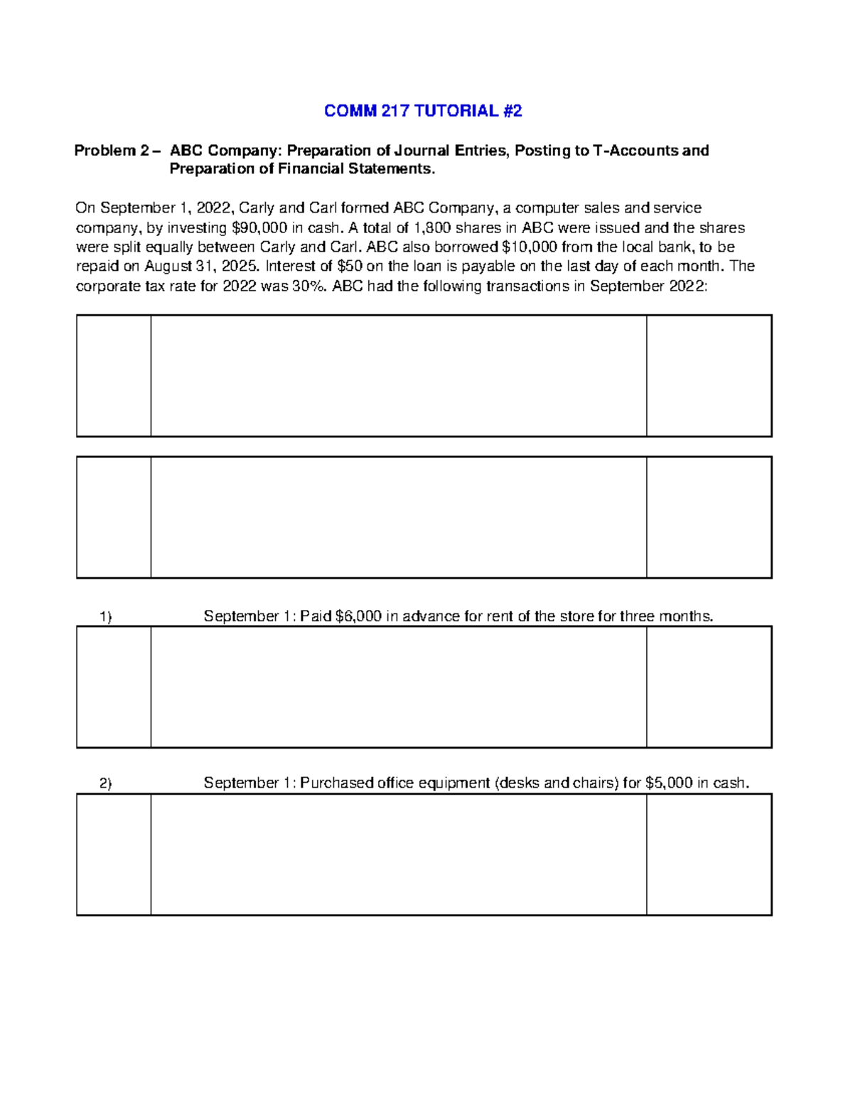 COMM 217 - Tutorial 2 - Journal entries template - COMM 217 TUTORIAL ...