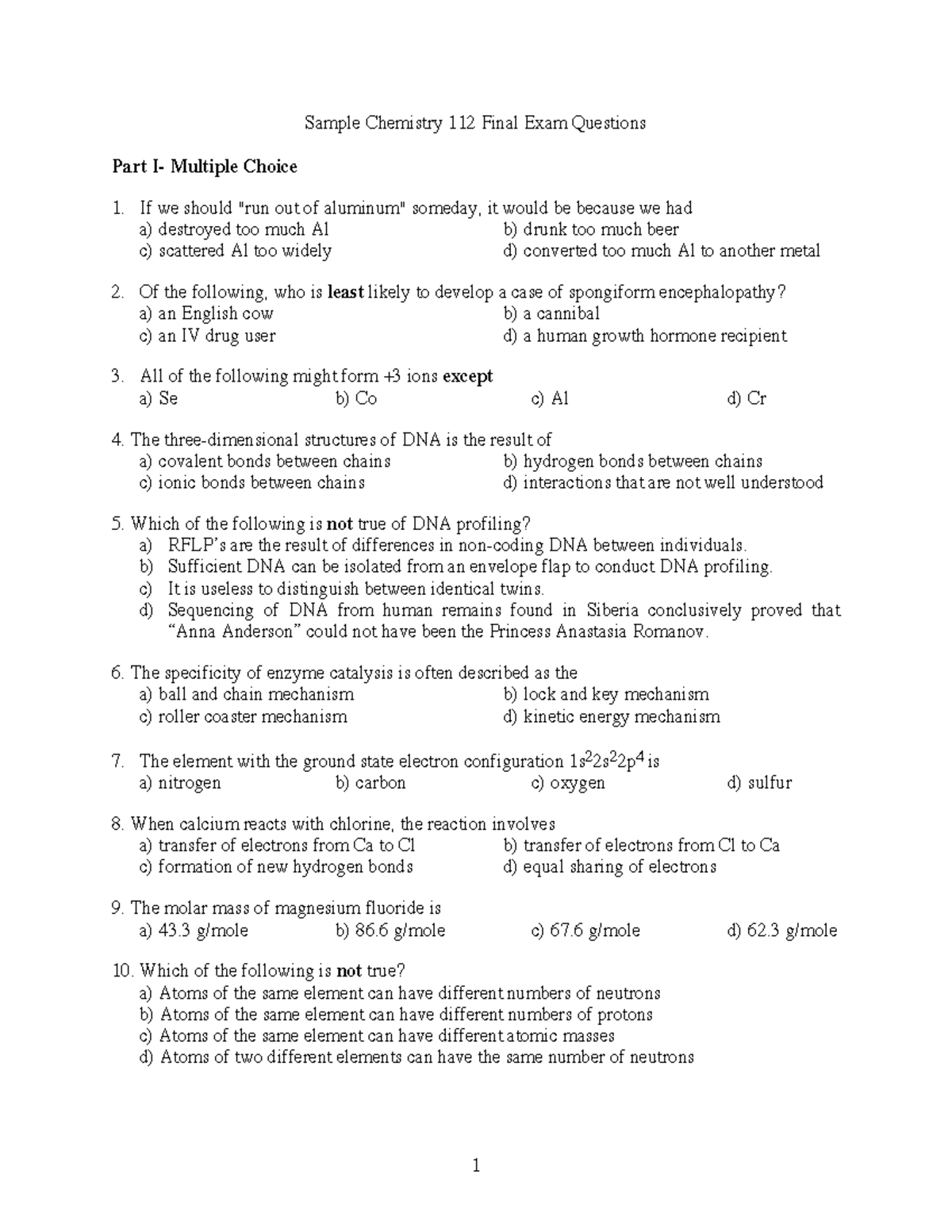Sample Chemistry Final Exam Questions - Sample Chemistry 112 Final Exam ...