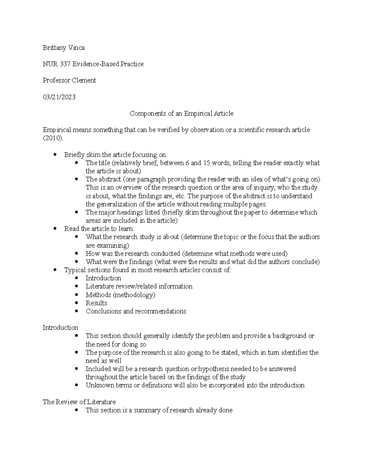 Components of an Empirical Article - Brittany Vinca NUR 337 Evidence ...
