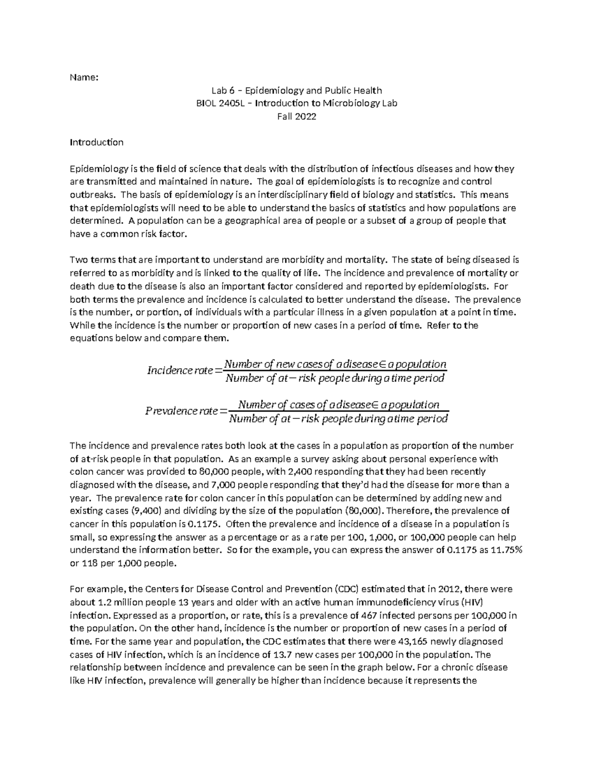Lab 6 Epidemiology - Name: Lab 6 – Epidemiology and Public Health BIOL ...