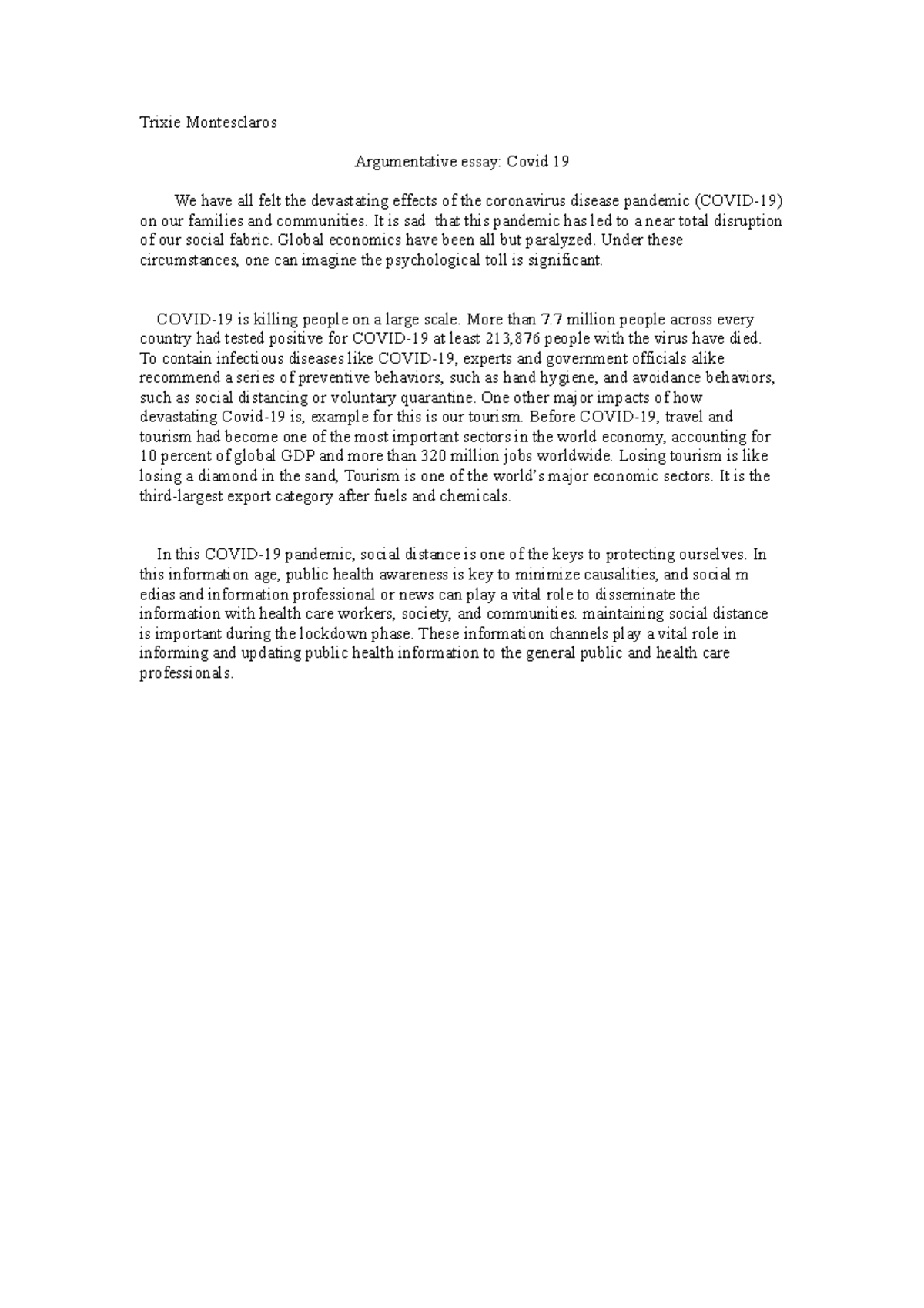 Argumentative Essay Covid 19 Trixie Montesclaros Argumentative Essay