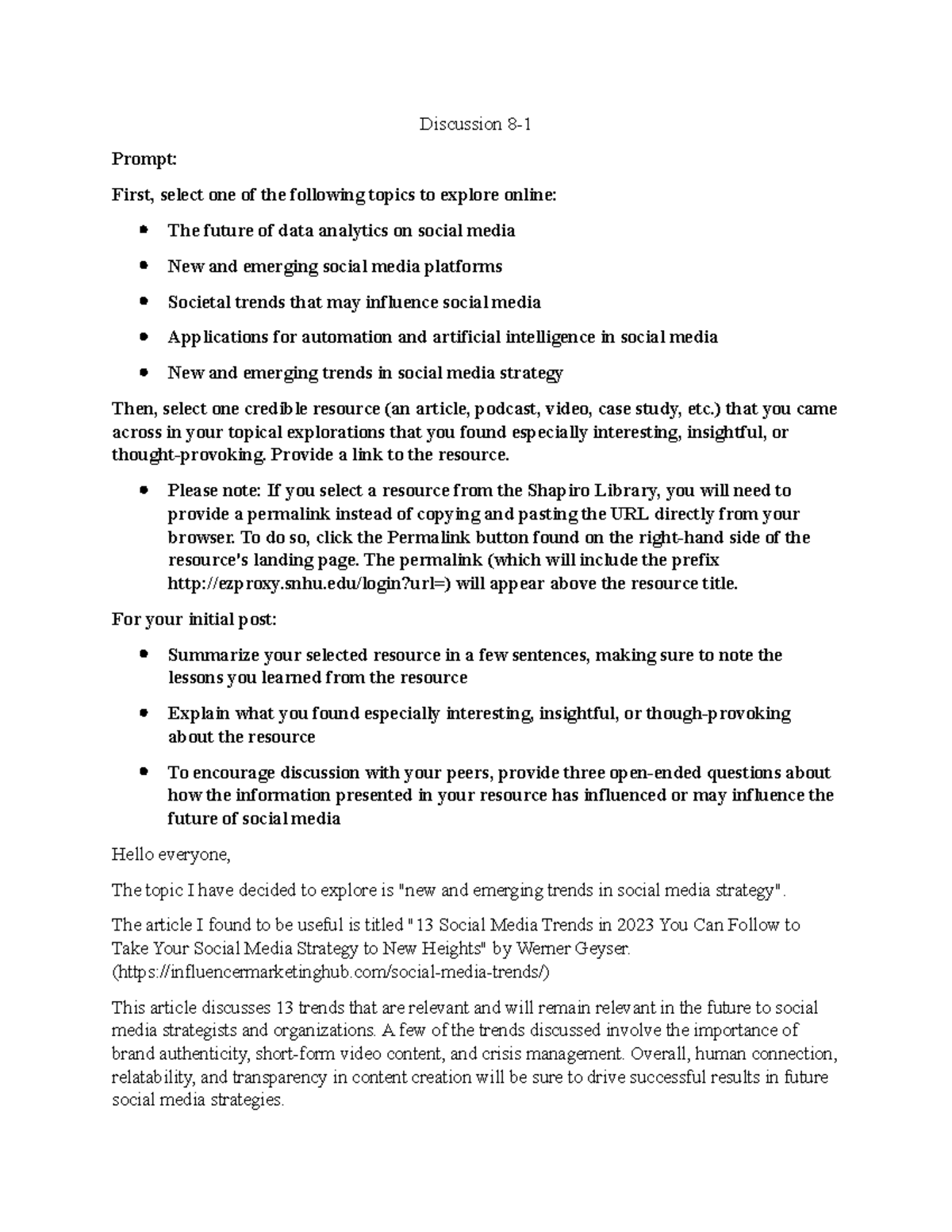 COM 311 Discussion 8 - Discussion 8- Prompt: First, select one of the ...