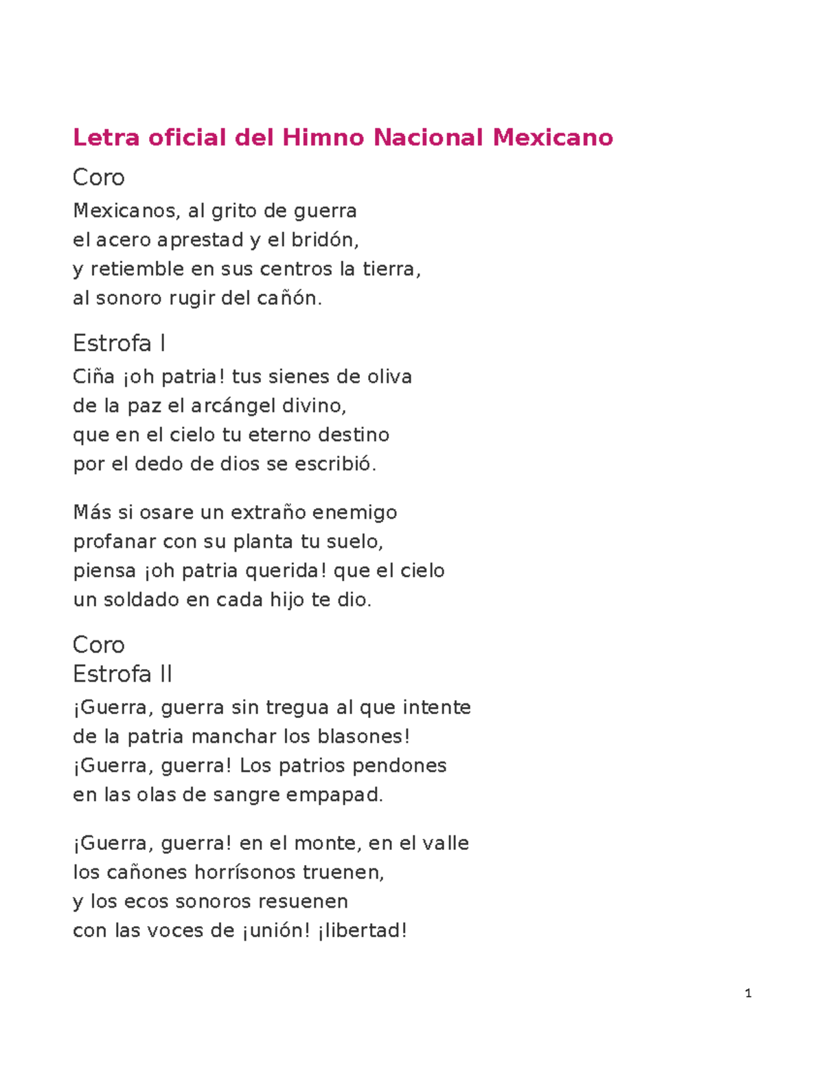 Letra oficial del Himno Nacional Mexicano 12022024 - Letra oficial del ...
