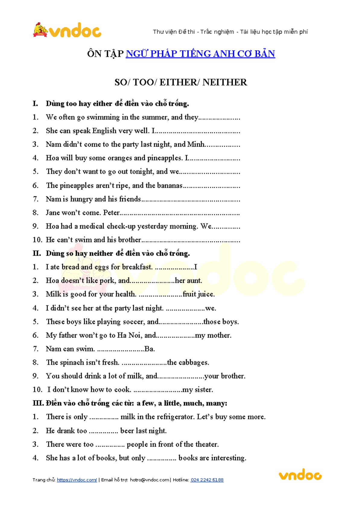 Bai tap tieng anh ve too so either va neither 1 - ÔN TẬP NGỮ PHÁP TIẾNG ...