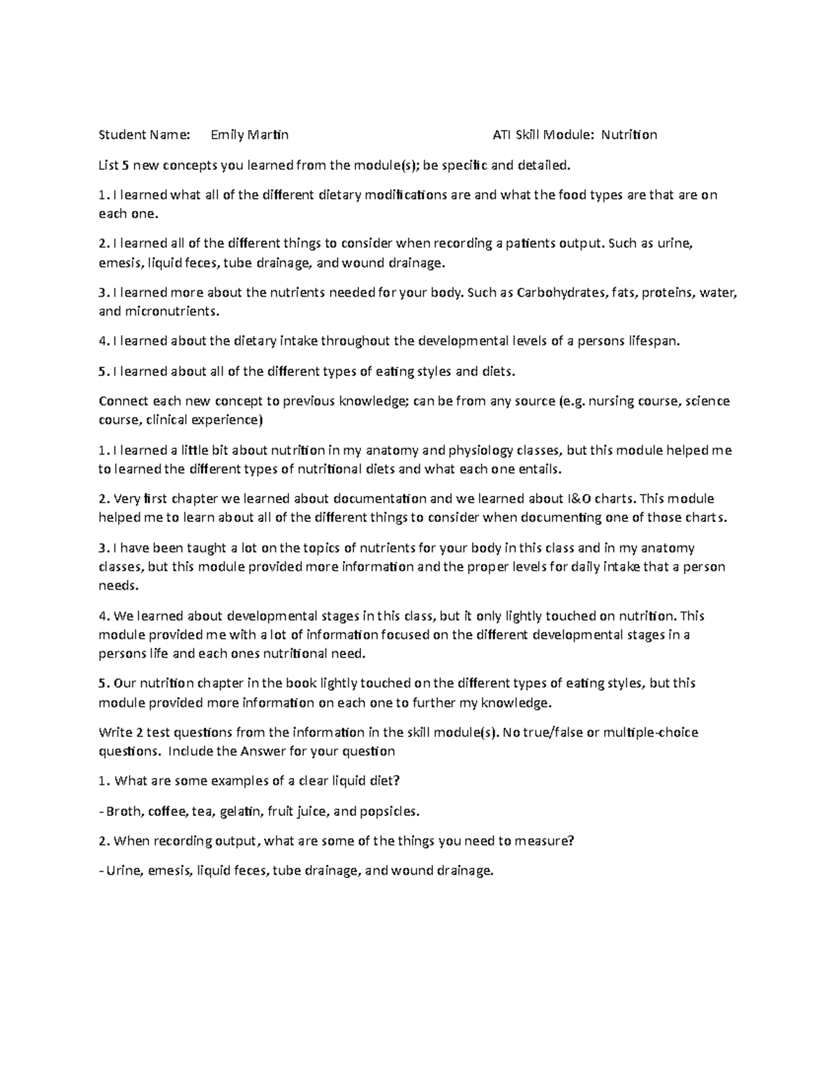 Nutrition Skill Module 2 - Student Name: Emily Mar2n ATI Skill Module ...