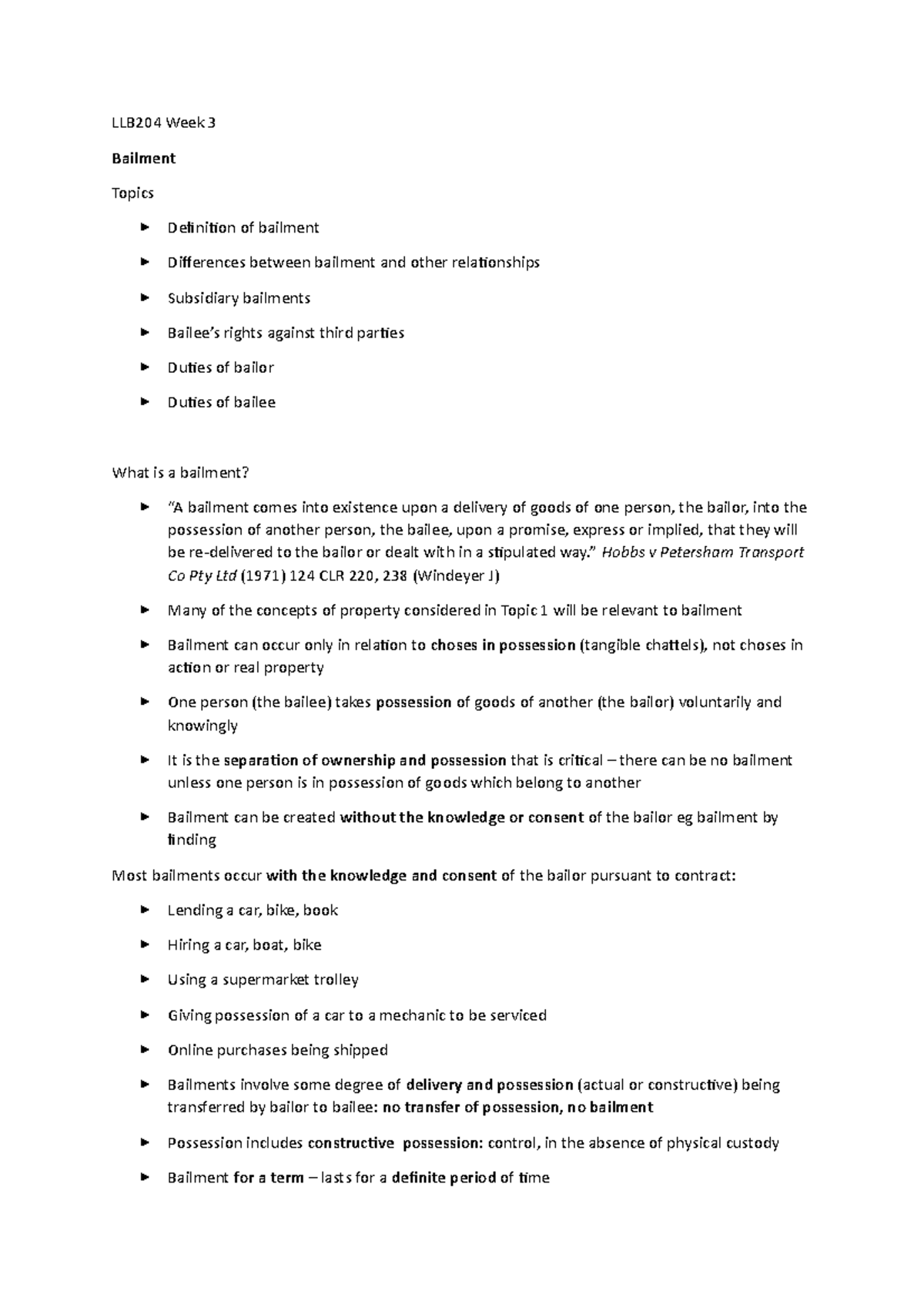 LLB204 Week 3 Lecture - LLB204 Week 3 Bailment Topics Definition of ...