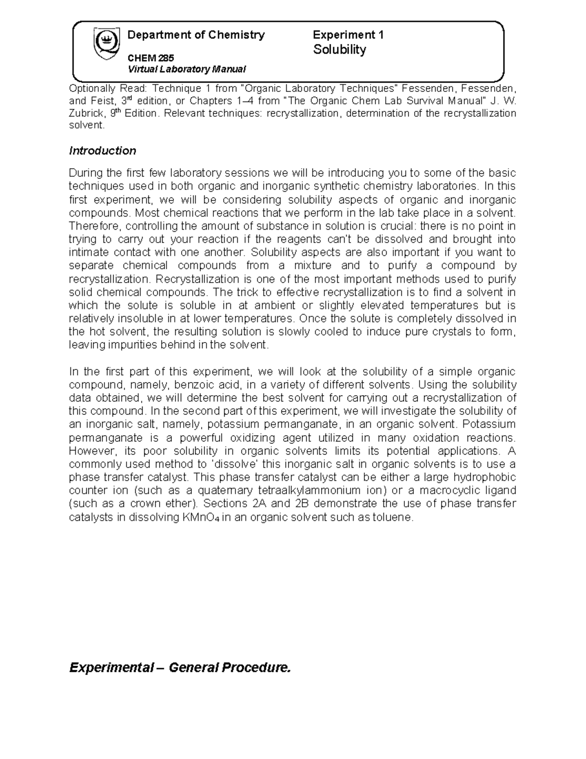 Experiment 1 Lab Guide - Optionally Read: Technique 1 from “Organic ...